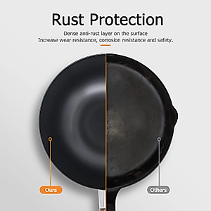 POLARBEAR Camping Iron Stir-Fried Wok 9" Uncoated Chinese Style Small Deep Wok Flat Bottom Wok with Iron Lid & Handle for All Stoves