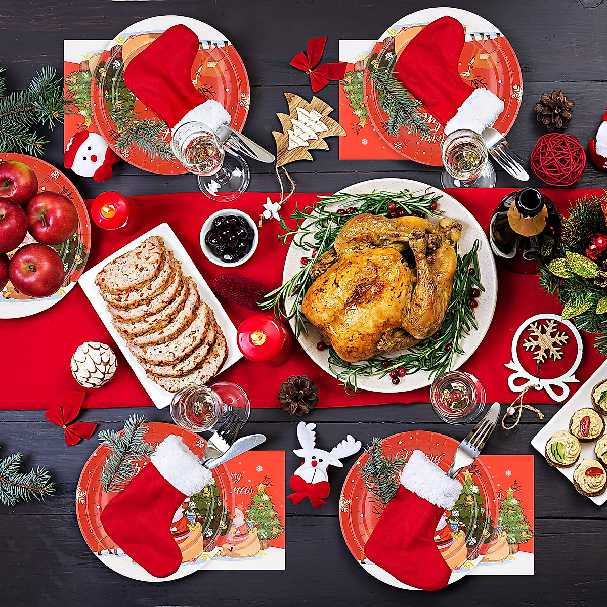 Bluechok Christmas Party Paper Plates Sets, 72Pcs Santa Elk Print Decorations Supplies, Disposable Xmas Holiday Decor Tableware Set Includes Paper Plates and Napkins for 24 Guests