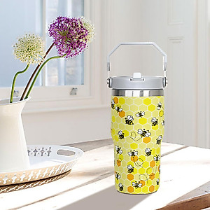 Hachishun Bee Tumbler with Handle Stainless Steel Vacuum Insulated Flip Straw- Honey Bee Gifts for Women Men - Yellow Bee Coffee Mug, Cup 20 Oz -Bee themed gifts, Bee keepers Gift