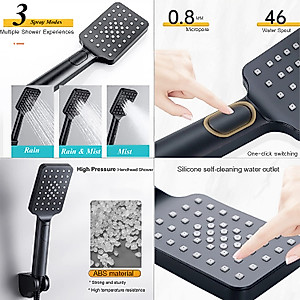Shower Head, 10'' High Pressure Rainfall Shower Head with 3 Settings Handheld Shower Combo with 11''Extension Arm, Anti-leak Square Rain Shower Head with 78'' Hose/Holder(Matt Black Shower Heads)