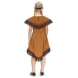 IIMMER Girls Halloween Native American Costume Brown Fringed Indians Pleated Aline Dress Outfit with Headband 9-10 Years