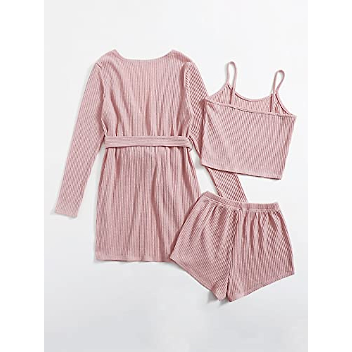 SOLY HUX Womens Pajama Sets 3 Piece Lounge Set Ribbed Knit Cami Top and Shorts Soft Sleepwear with Robe Cardigan Pink S