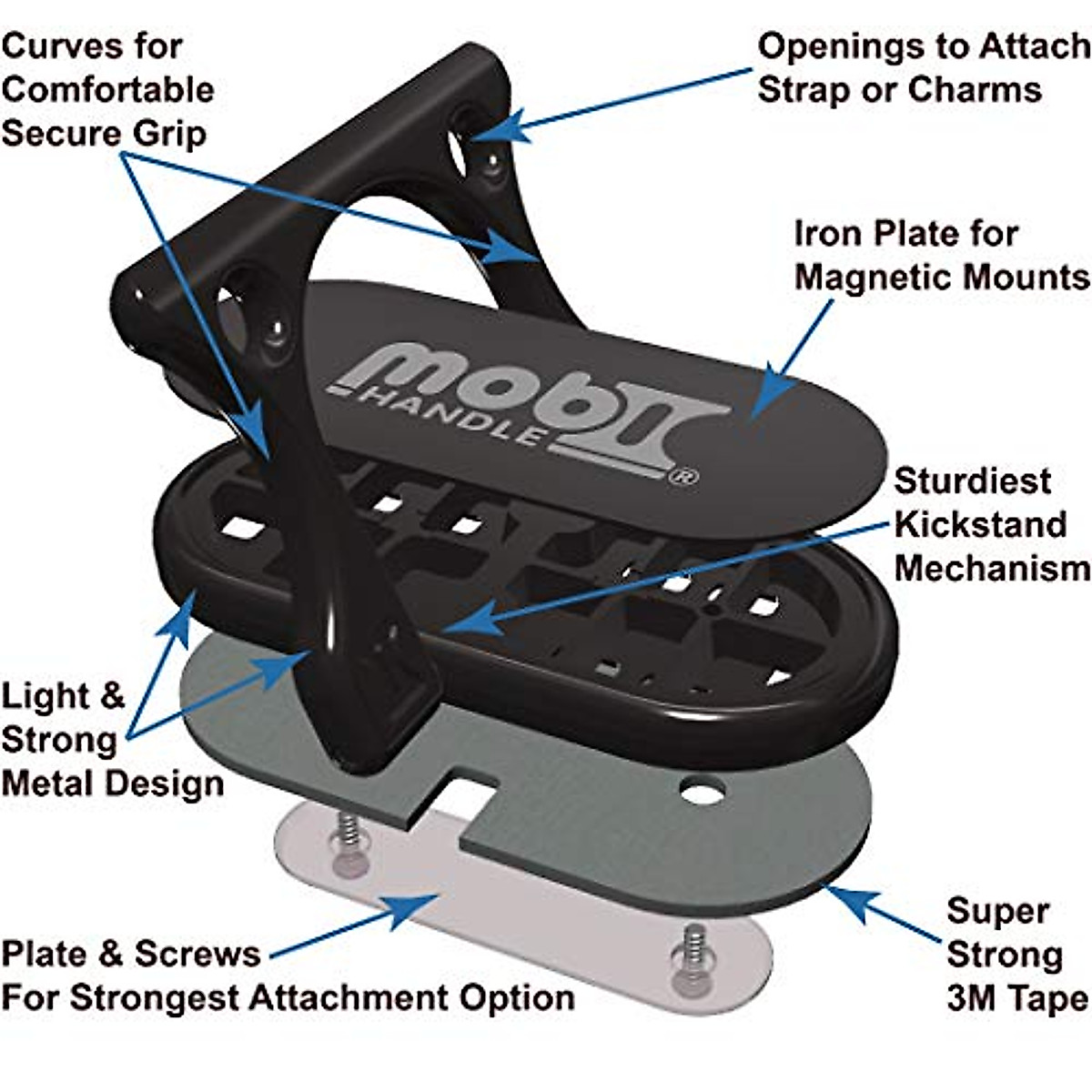 3 Finger Phone Ring Holder Kickstand - MOBI HANDLE Comfy Secure Grip, Scratch Resistant Durable Light Metal for Magnetic Car Mount or Stand, Gift Idea, w/Wrist Strap [Black]