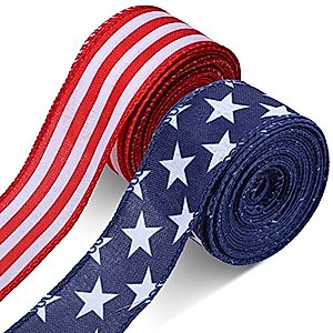 2 Rolls 20 Yard Red White and Blue Ribbon Patriotic Star and Striped Wired Ribbon Royal Blue USA Ribbon DIY Crafts for 4th of July, Independence Day, Memorial Day (Red, White, Blue, 1.5 Inch)