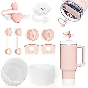 BonneChance Stanley Cup Accessories Set Including 6 Pcs Silicone Spill Proof Stopper, 2 Pcs Straw Cover Cap for 9-10 mm Straws, 1 Pcs Silicone Boot for Stanley Cup Stanley 40oz & 30oz Tumbler (PINK)