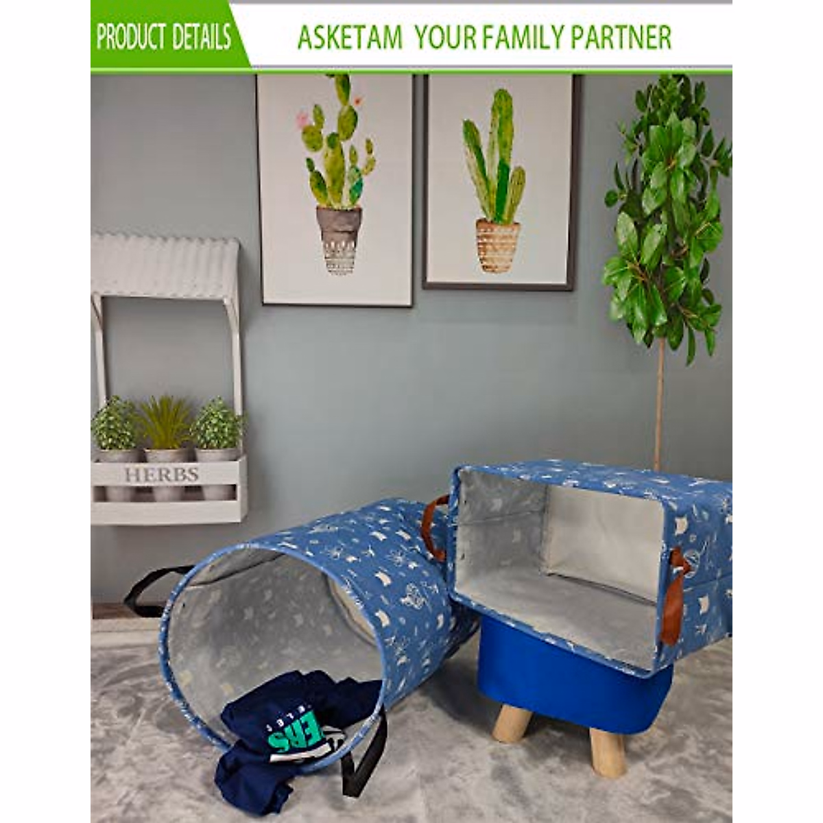 ASKETAM Fabric Laundry Basket Canvas Laundry Hamper for Dirty Clothes Toy Organizer Kid Nursery Room Decor Basket (Blue cat)