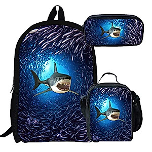 Wanyint Shark Animal Print School Backpack Blue Elementary Teen Kids Book Bags Lunchbox Pencil Case Pouch, Lightweight Back Pack Messenger Bag