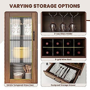 LOKO Wine Bar Cabinet, Farmhouse Coffee Bar Cabinet with Tempered Glass Door, 3-Row Glass Holder & 8-Grid Wine Rack, Buffet Sideboard with Wine Display, Rustic Brown