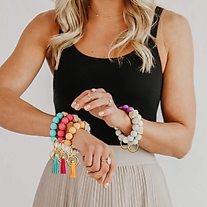 boderier Silicone Bracelet Keychain Key Ring Elastic Silicone Bead Wristlet Keychain Bracelet Bangle Portable House Car Keys Ring Holder with Tassel (Red)