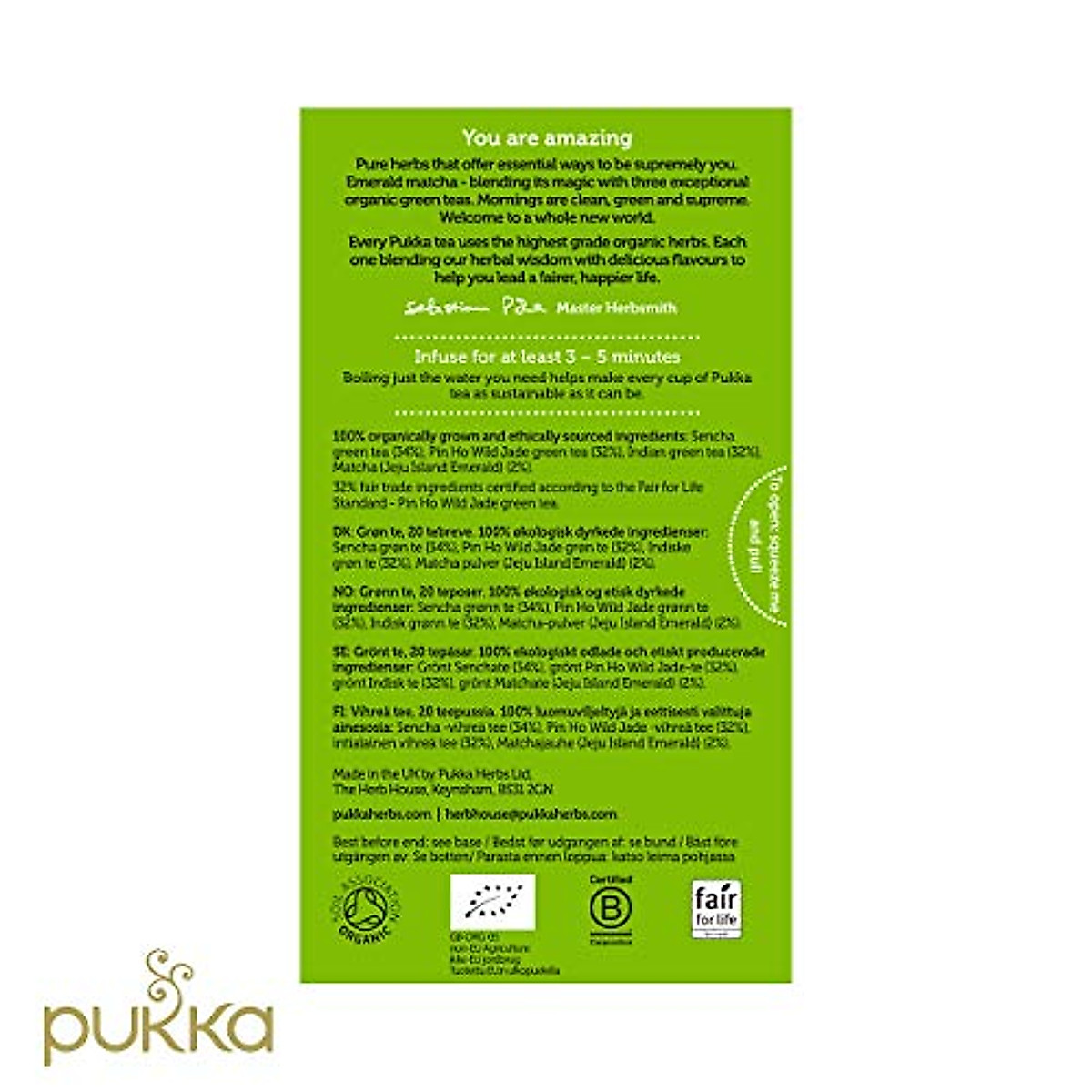 Pukka Supreme Matcha Green, Organic Herbal Green Tea with Oothu, Sencha & Suio Gang, 20 Count (Pack of 3)