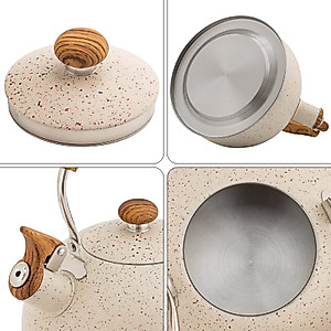 2.6 Quart/2.5 Liter Whistling Tea Kettle Stainless Steel Tea Pots for Stove Top Stylish Kettle With Wood Pattern Anti-slip Handle, White