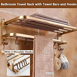 Bathroom Towel Rack Wall Mounted Towel Holder Bar Foldable Towel Shelf with Movable Towel Hooks Rustproof Aluminium Bath Kitchen Towel Holder Brushed Bronze Finish Towel Hanger Hardware Accessories (