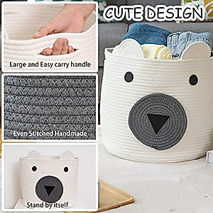 VK Living Cotton Rope Bear Animal Basket Foldable Large Woven Storage Basket Baby Nursery Cute Laundry Hamper for Toys,Blanket, Towels Clothes in Bedroom Living Room White