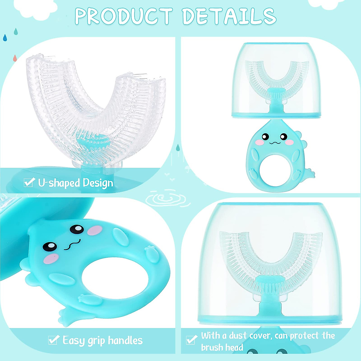 2 Pack Kids U Shaped Toothbrush Anti Choking 360 Degree Oral Cleaning Toothbrush with 2 Soft Silicone Brush Head Non Slip Handle Toddler Toothbrush with Cover Case for Children 2-6 Ages, Pink, Blue