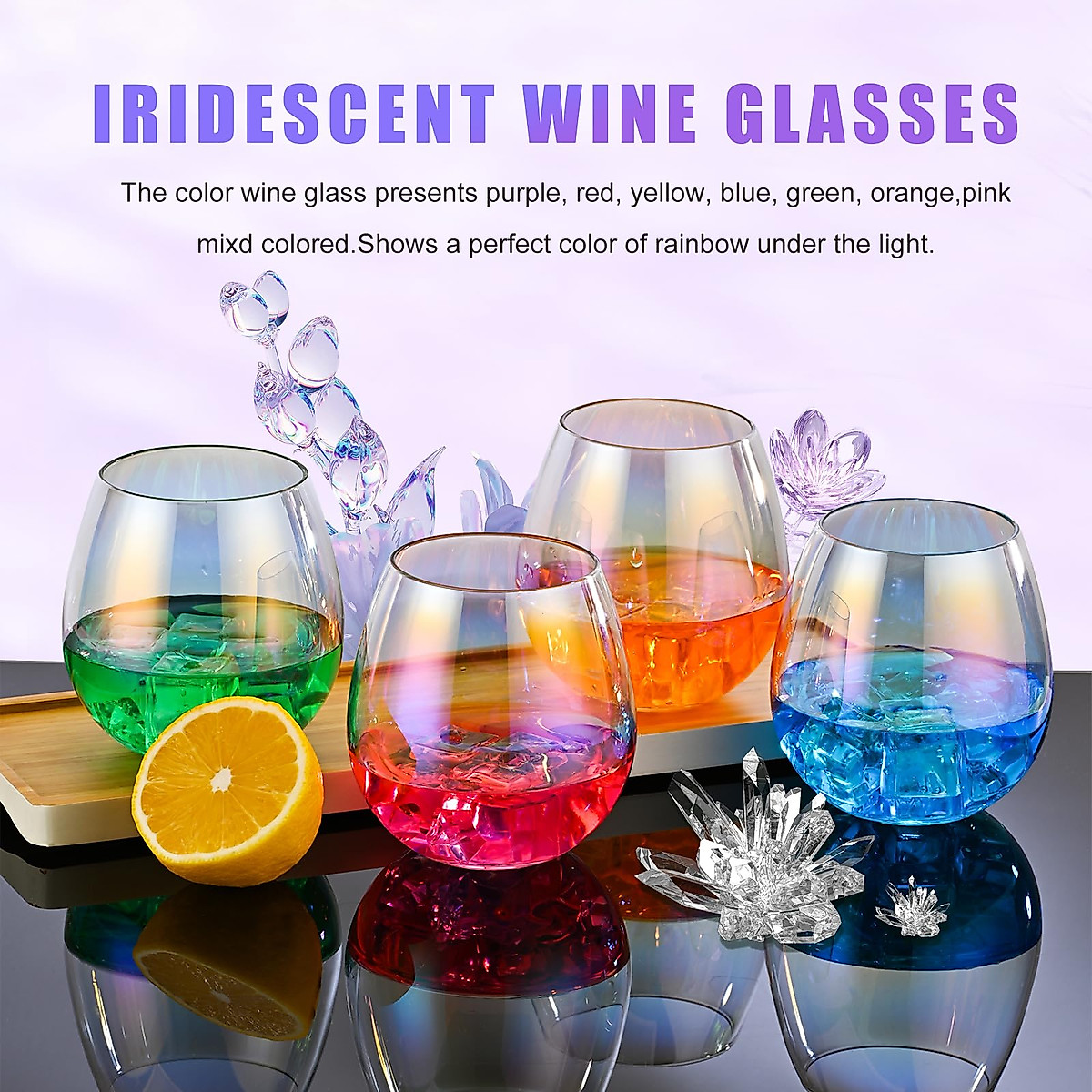 CUKBLESS Stemless Wine Glasses Set of 4, Iridescent Wine Glass for Red or White Wine, 15 OZ