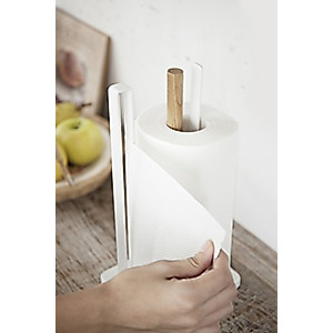 Yamazaki Home One-Handed Tear Paper Towel Holder - Kitchen Storage Rack, Steel + Wood, No Assembly Req.