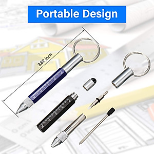 4 Pieces 6 In 1 Multitool Tech Tool Pen Key Ring Screwdriver Pen with Ruler, Two-head Ballpoint Pen Refills Metal Tool Pen for Students, Office Staff, Construction Workers, Red, Yellow, Blue, Black