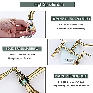 WOWOW Gold Bridge Kitchen Faucet 2 Hole Antique Brass Bridge Faucet 2 Handle 8 Inch Centerset Farmhouse Kitchen Sink Faucet 360° Swivel Vintage Tap