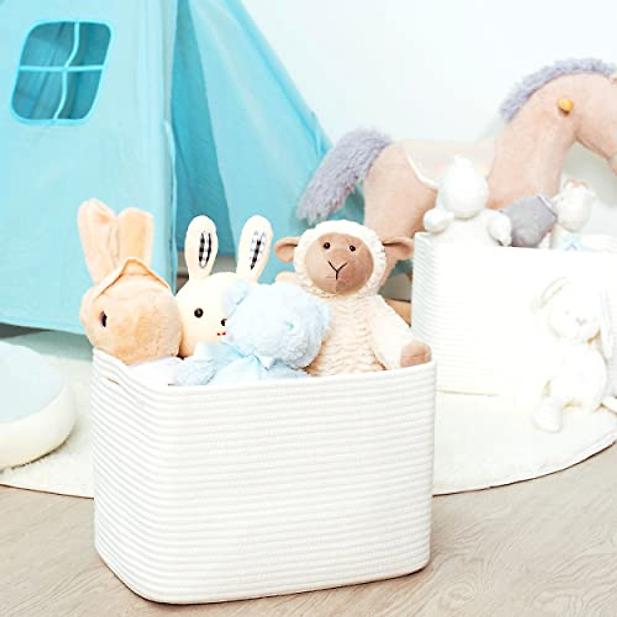 MINTWOOD Design 3-Pack Storage Baskets for Shelves, Playroom and Classroom Storage Basket, Book Basket, Decorative Storage Cube Bins, Woven Closet Organizers, Baby Nursery Baskets, Creamy White