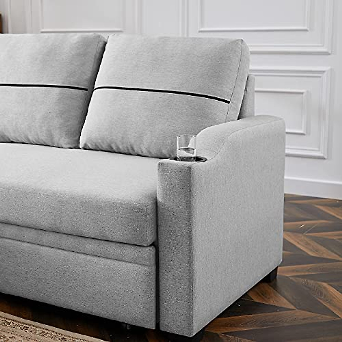 Yoglad Reversible Sectional Sofa Chaise for Living Room, Pull Out Bed Sleeper Couch with Storage, 81 inch Wide L-Shaped Couch with 2 Cup Holder, Gray Linen