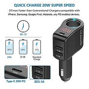 Car Cigarette Lighter Adapter PD 20W Charger Extension,Dual USB 5V/3.1A Socket Splitter with PD 20W USB-C Fast Charge and Double USB and Voltage Meter, Cigarette Lighter fit for 12V/24V Outlet