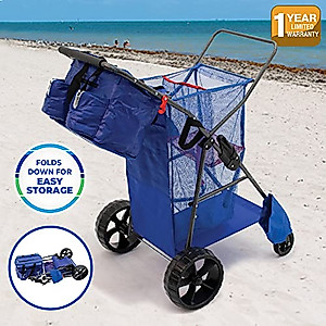 Rio Brands Wonder Wheeler Deluxe Beach Utility Foldable Cart with Removable Storage Tote, Blue