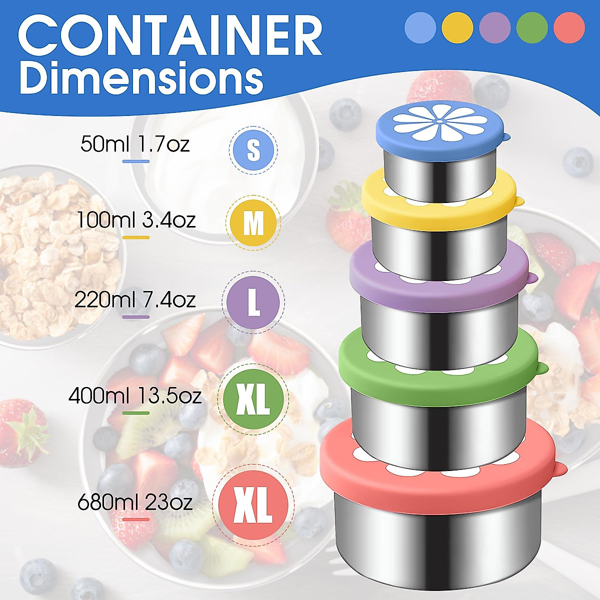 Hippywell Stainless Steel Food Containers with Silicone Lids, Leakproof Metal Lunch Box Set for Kids, Snack Boxes for Travel, 5Pcs Stainless Steel Containers, 1.7OZ up 23OZ