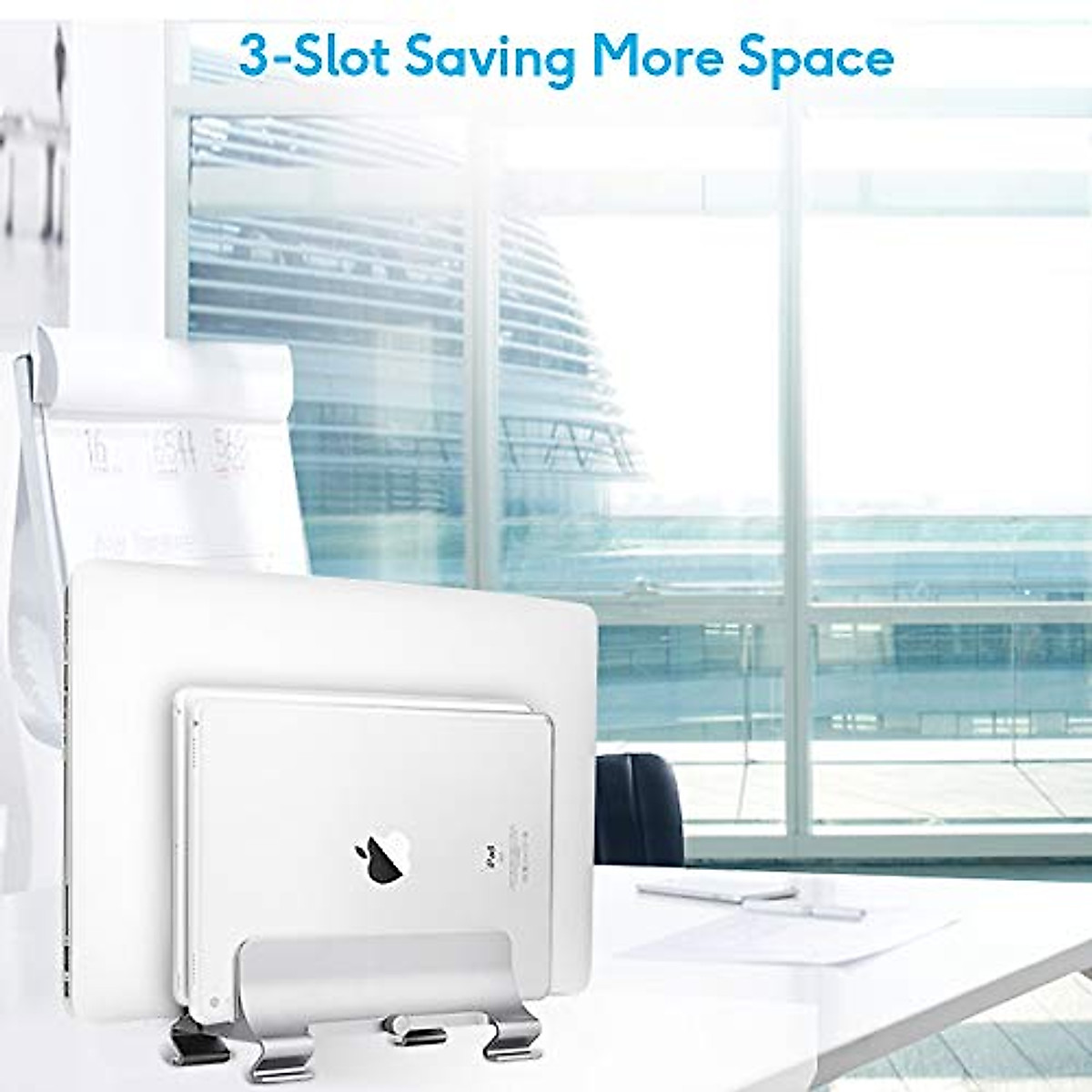 Vertical Laptop Stand [Updated Version],3-Slot Space-Saving Aluminum Desktop Stand Holder with Adjustable Dock Size Compatible for All MacBook/HP/Dell/Surface/Samsung/Chrome Book(Silver)