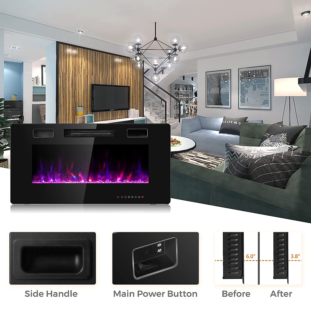 COSTWAY 36-Inch Electric Fireplace, 750W/1500W Wall Recessed and Mounted Fireplace Insert with Remote Control, 12 Flame Colors, 5 Brightness Settings, 8 H Timer, Fireplace Heater for Indoor Use