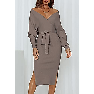 Pink Queen Womens V Neck Sweater Wrap Dresses Batwing Sleeve Sexy Backless Bodycon Slit Maxi Knit Dress with Belt Khaki L
