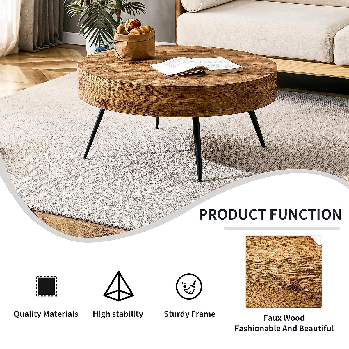 SSLine Round Coffee Table,Modern Center Table Sofa Side Tea Table Home Furniture with MDF Tabletop for Living Room Home and Office