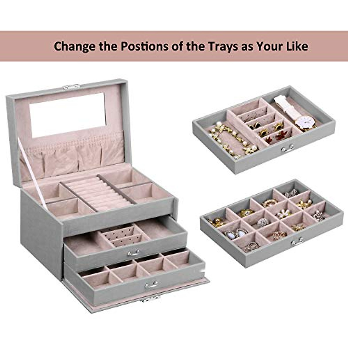 ANWBROAD Jewelry Box for Women and Teen Girls with Lock and Mirror Jewelry Storage Organizer Portable Travel Jewelry Boxes for Necklaces Rings Earrings UJJB002H