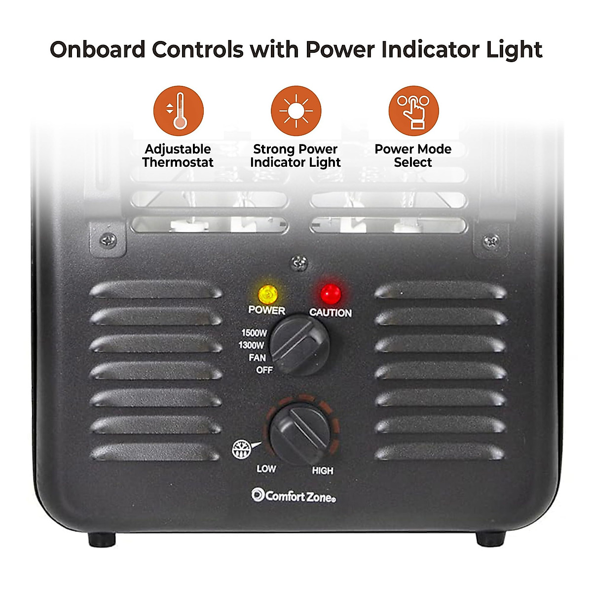 Comfort Zone Electric Portable Utility Space Heater with Adjustable Thermostat, Overheat Protection, & Tip-Over Switch, 1500W, CZ799BK