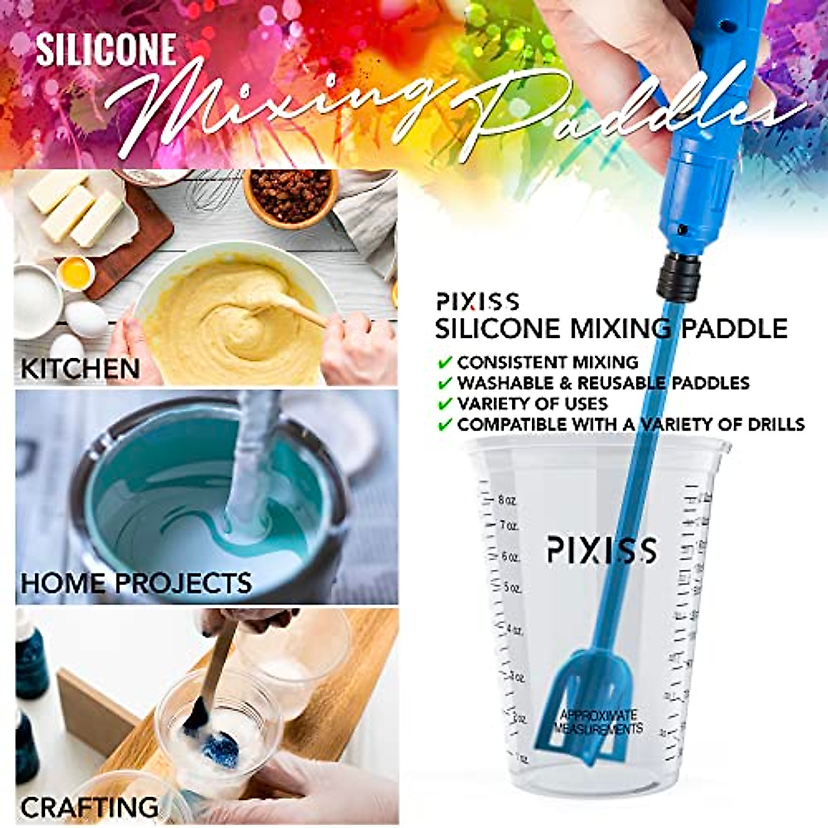 Epoxy Resin Mixer Silicone Paddles - 12 Reusable Pixiss Multipurpose Bidirectional Paint Stirrer for Drill Epoxy & Paint Mixer Drill Attachment - Paint Stirrers Epoxy Stirrer - Paint Mixer for Drill