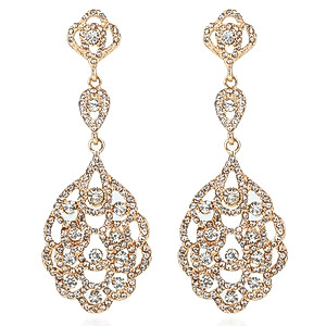 Gold Rhinestone Wedding Bridal Chandelier Dangle Earrings Sparkly Crystal Long Teardrop Statement Earrings for Women Brides Pageant Prom