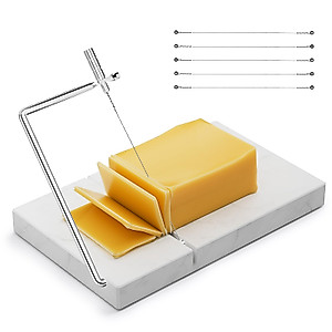 Cheese Slicer - Cheese Cutter with 5 Replacement Upgrade Thick Cutting Wires - Heavy Duty 5" x 8" Marble Board Cheese Slicer for Block Cheeses, Butter, Etc - Kitchen Gadget Cheese Slicer Tool - White