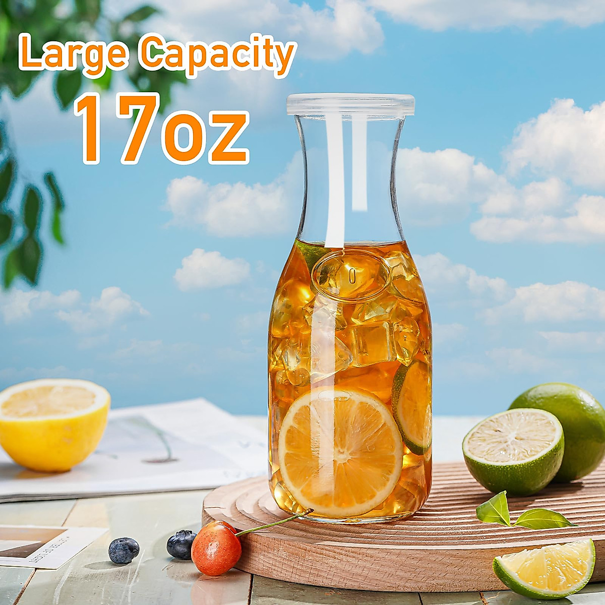 wookgreat Small Glass Carafes, Set of 8 Mini Beverage Pitcher with Lids and Straws, 17oz Clear Jugs, Juice Containers,Water Decanter, Juice Pitcher, Ideal for Mimosa Bar, Water, Wine, Milk, Juice