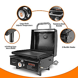 QuliMetal Table Top Grill Portable Griddle with Hood Non-Stick Flat Top Grill Griddle Propane Grill with Carry Bag 17 Inch,15,000 BTU,268 Sq,304 Stainless Steel Burner,Ceramic Coating for Outdoor Camping Party Tailgating