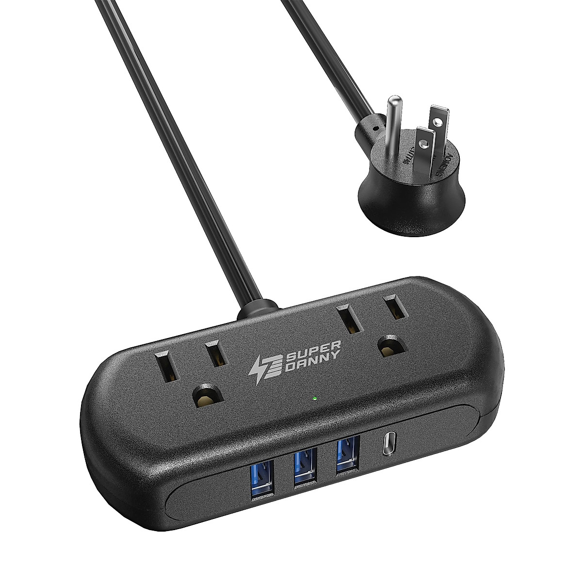 Power Strip with USB, SUPERDANNY Mini Surge Protector with 2 Wide-Spaced Outlets, 3 USB-A and 1 USB-C, 5 Ft Extension Cord, Flat Plug, Compact Size Desktop Charging Station Travel, Home, Office, Black
