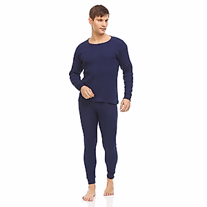 BILLIONHATS 2 Piece Thermal Sets for Men, Base Layer Long Johns Underwear, Top & Bottom, Cotton, Solid Colors Navy Blue