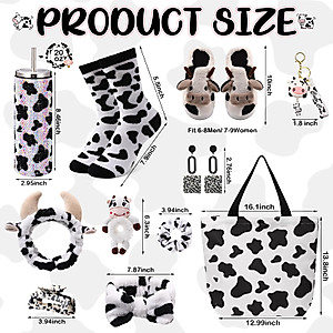 FillTouch 11 Pcs Cow Print Gifts Sets for Women Includes Tumbler Slippers Socks Earrings Hair Scrunchies Headbands Tote Bag Cow Print Stuff for Graduation Birthday Mother Nurses Farm Animal Lover