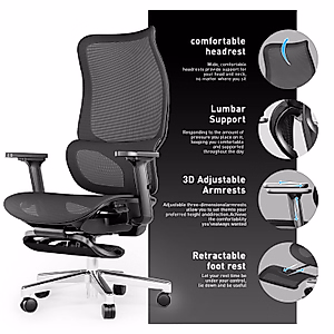 JOYFLY Ergonomic Office Chair with Footrest, Mesh Home Office Chair with Foot Rest, High Back Computer Chair with Lumbar Support, Wide Task Office Chairs for Heavy People, 450lbs, Adults, Black