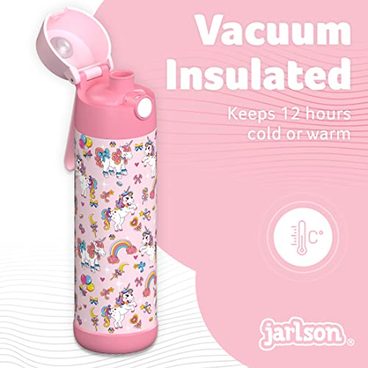JARLSON® kids water bottle - MALI - insulated stainless steel water bottle with chug lid - thermos - girls/boys (Unicorn 'Mosaic', 18 oz)