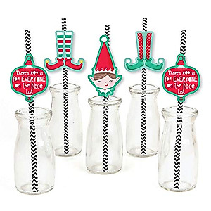 Big Dot of Happiness Elf Squad - Paper Straw Decor - Kids Elf Christmas and Birthday Party Striped Decorative Straws - Set of 24