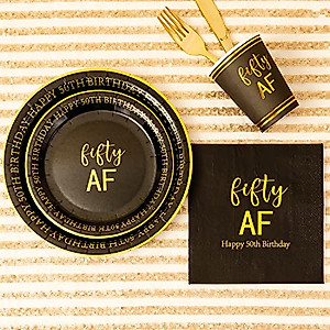 Crisky Black Gold Fifty Birthday Napkins Plates Cups Set for 50th Birthday Party Decorations Supplies, Disposable Tableware Set of 24 (9" Plates, 7" Plates, Luncheon Napkins, 9oz Cups)