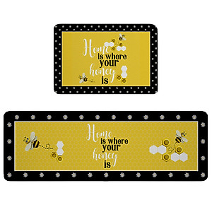 2 Pieces Kitchen Rugs Set Idyllic Bumble Bee Daisy Flower Yellow Back,Water Absorbent Soft Doormat Area Runners Summer Farm Honeybee Floral,Non-Slip Bath Mat for Entryway Bathroom Laundry