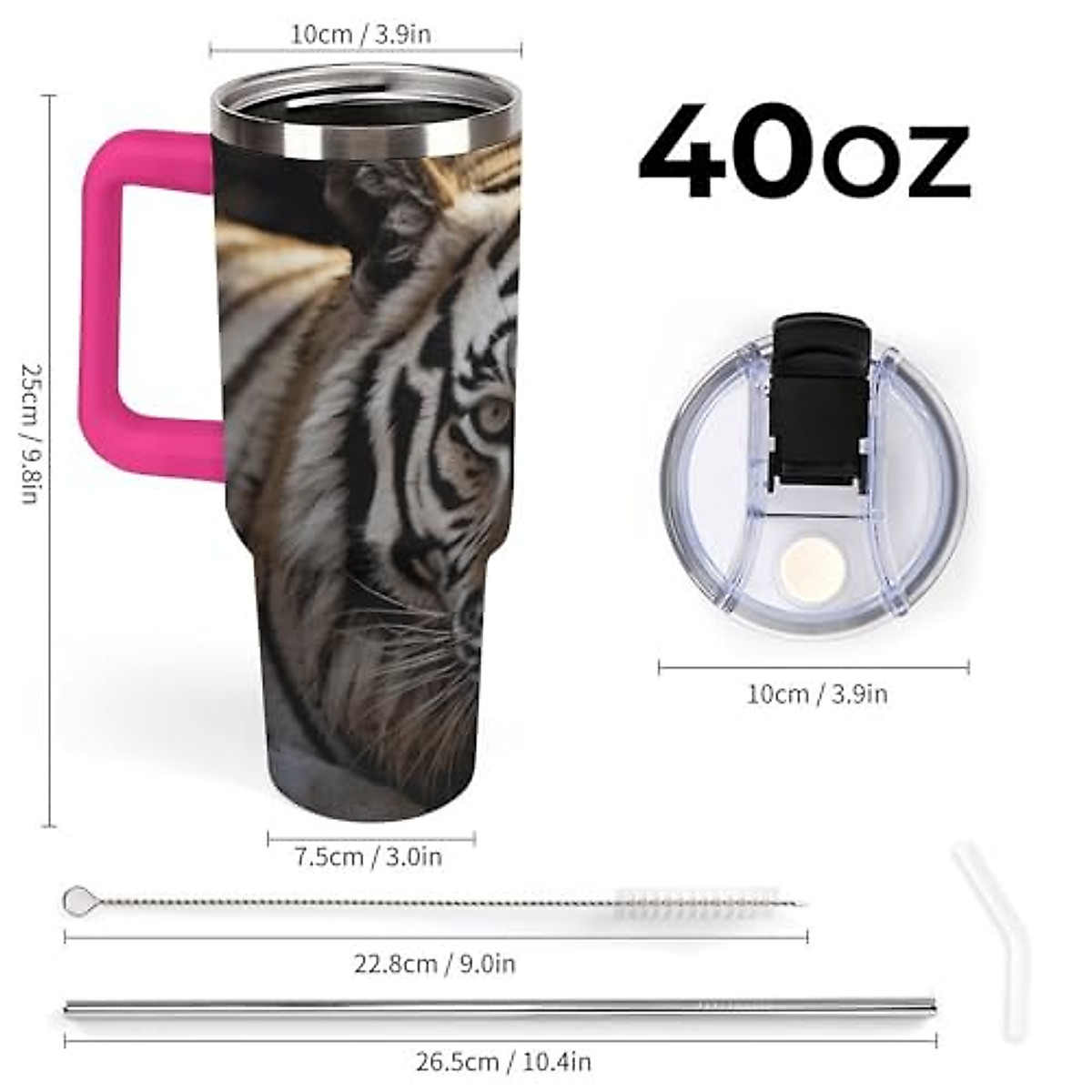LLUTSNTH 40 Oz Vacuum Tumbler with Light Rose Red Handle Leakproof Insulated Tumbler Animal Tiger Stainless Steel Travel Mug with Lid And Straw Coffee Cup Cute Water Bottles Cup Holder Friendly