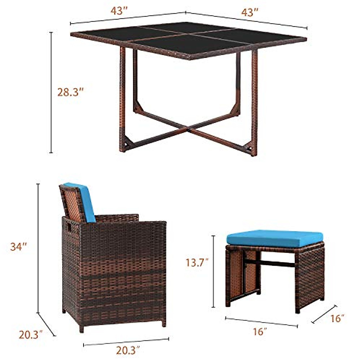 GUNJI 9 Pieces Patio Dining Outdoor Table and Chairs Table Set with Space Saving Rattan Chairs Patio Furniture Sets Cushioned Seating and Back (Blue)