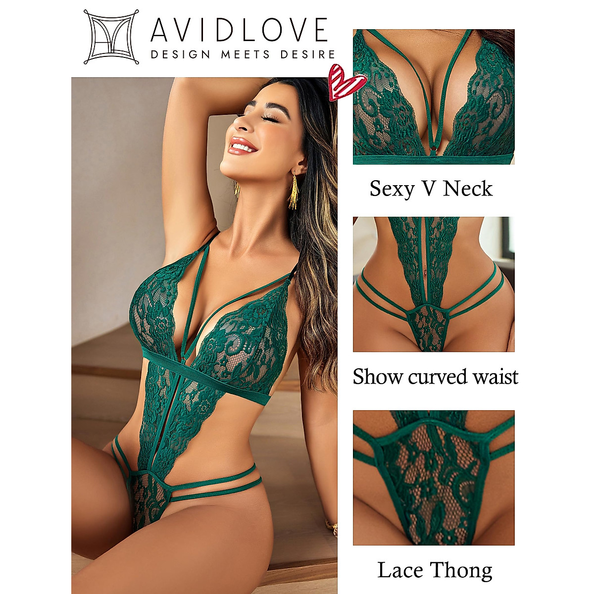Avidlove Women Lingerie Lace Bodysuit Deep V Teddy One Piece Lace Babydoll Dark Green Medium