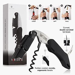 Vintorio Professional Waiters Corkscrew - Wine Key with Ergonomic Rubber Grip, Beer Bottle Opener and Foil Cutter (1 Pack)